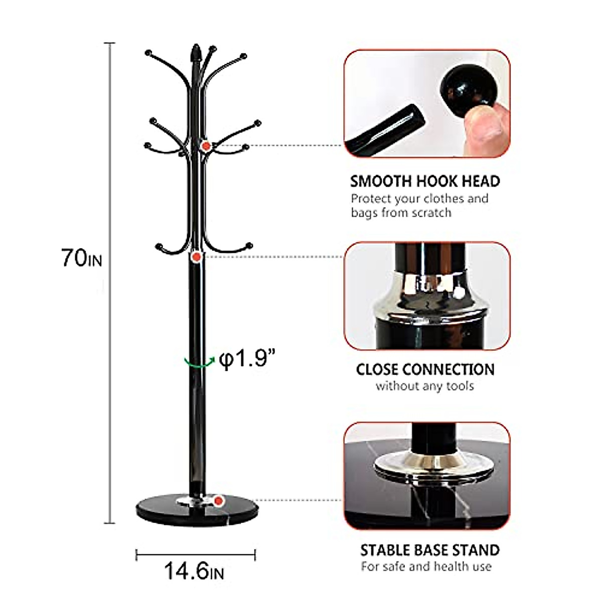 Kertnic Metal Coat Rack Stand with Natural Marble Base, Free Standing Hall Tree with 12 Hooks for Hanging Scarf, Bag, Jacket, Home Entry-way Hat Hanger Organizer (Black)