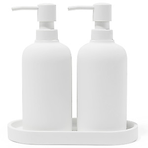 Yew Design - Matte White Soap Dispenser Set with Tray, 2 Pack 15oz Round Rustproof Liquid Hand Dish Soap Dispensers with Tray for Kitchen Sink, Countertop, and Bathroom