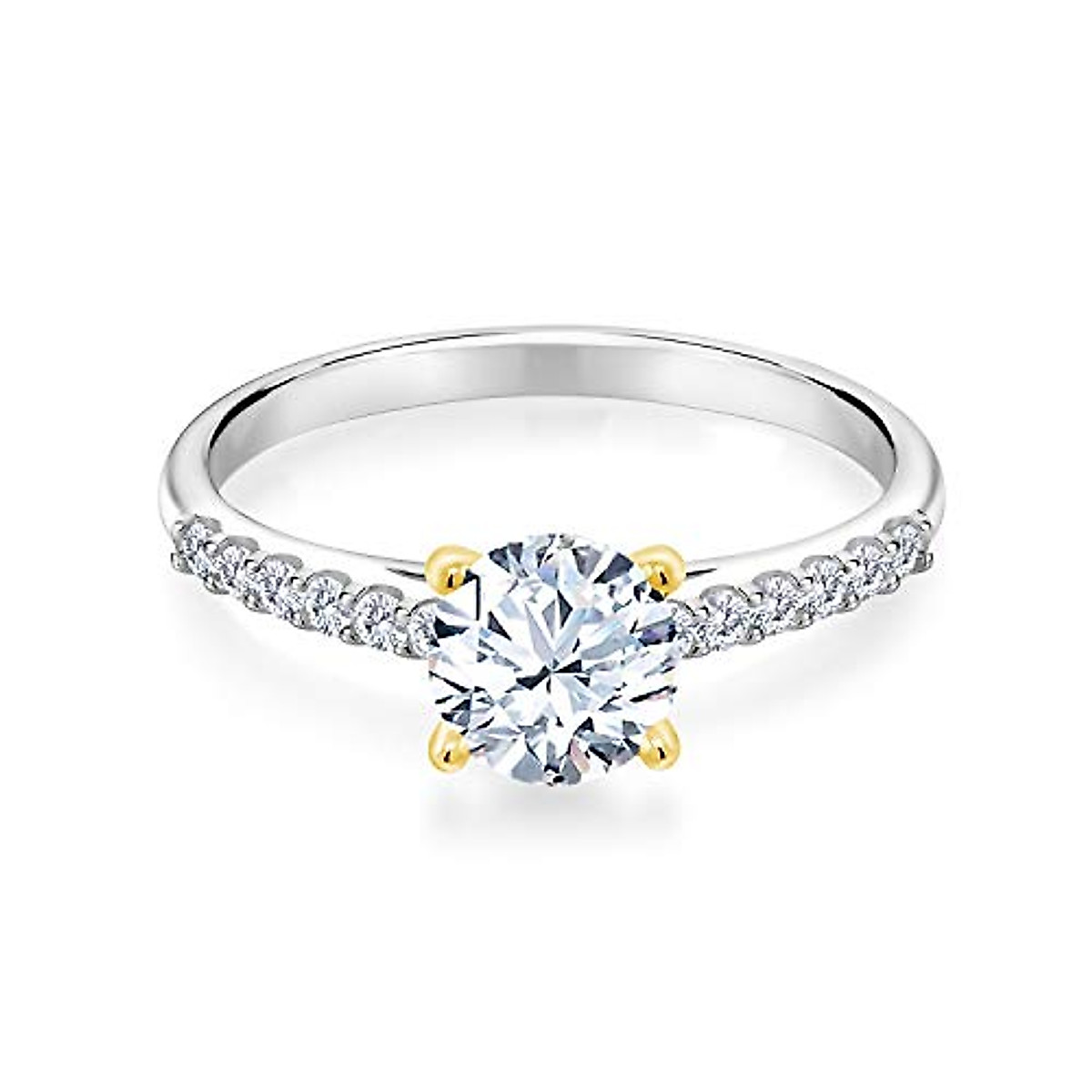 925 Sterling Silver with 10K White Gold Prongs Hearts And Arrows White Created Sapphire and Lab Grown Diamond Women Engagement Ring (1.18 Cttw, Round 6MM, Available In Size 5, 6, 7, 8, 9)