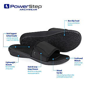 Powerstep Women's Arch Support, Plantar Fasciitis Relief Slide Sandal, Black-BLK, 9
