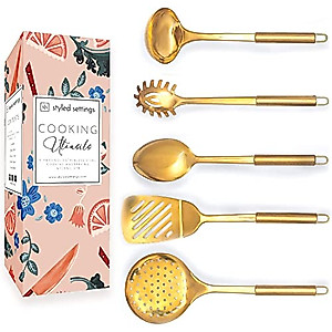 Brass/Gold Cooking Utensils Set for Modern Cooking and Serving - 5 PC Dishwasher Safe Stainless Steel Gold Utensils Set - Gold Serving Spoon, Gold Ladle - Gold Kitchen Utensils for Gold Kitchen
