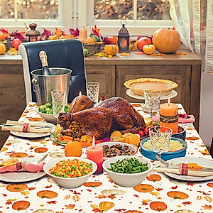 2 PCS Fall Pumpkin Plastic Tablecloth Thanksgiving Party Tablecloths Maple Leaf Berries Table Cover Rectangle Disposable Tablecloths for Autumn Harvest Party Holiday Dining Home Decor, 54" x 108"