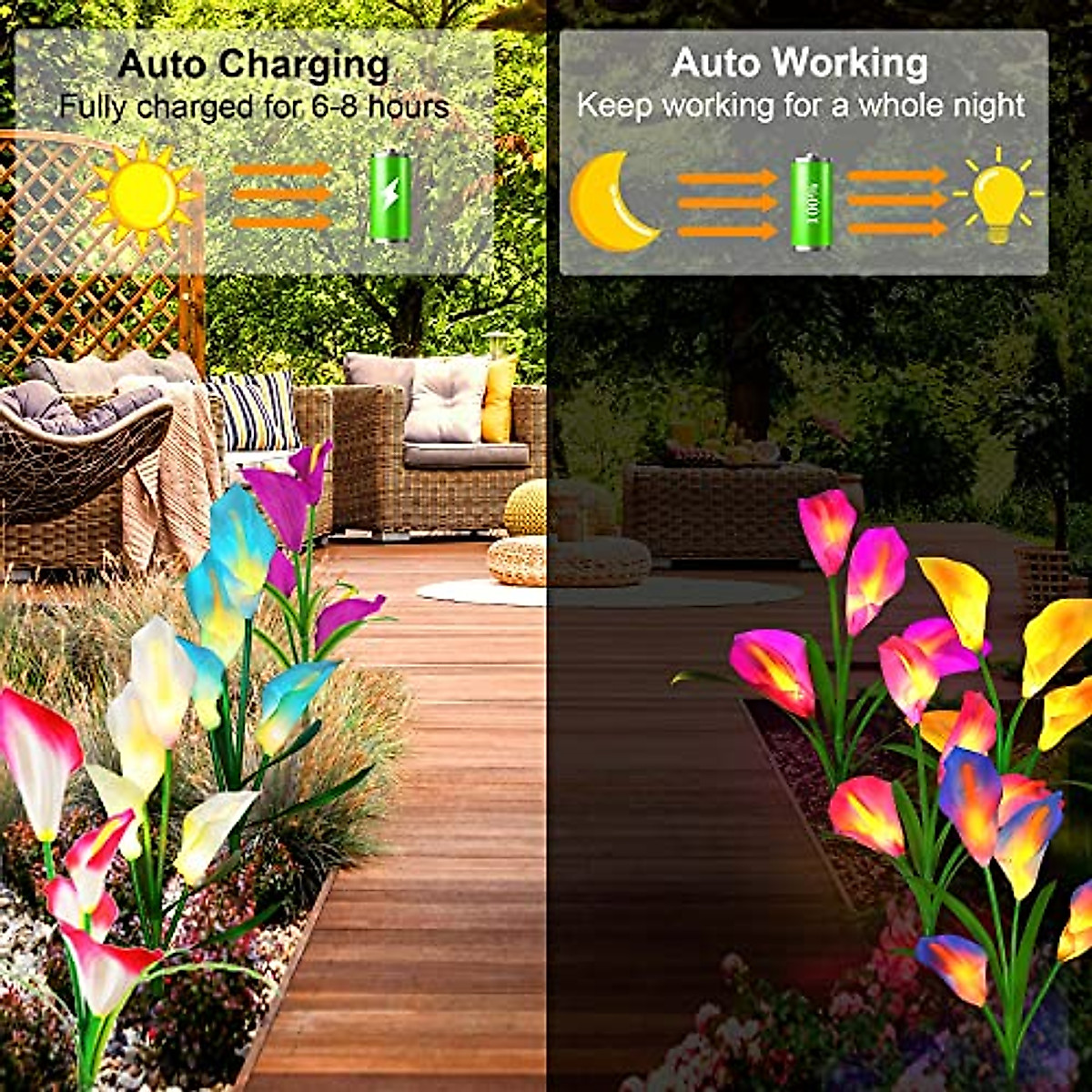 Arrozon Solar Garden Lights Outdoor Garden Decorative with 16 Calla Lily Flowers, Solar Flowers Lights Outdoor Garden Waterproof IP65 for Garden, Pathway, Patio, Yard, Porch, Backyard, 4 Pack