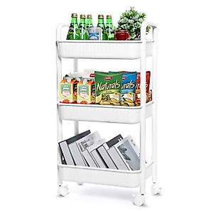 YSSOA Rolling Storage Cart, 3 Tier Slim Mobile Shelving Unit 360° Rotating Wheel Lockable Utility Cart, Ideal for Office, Kitchen, Bathroom, Laundry and Narrow Spaces, White