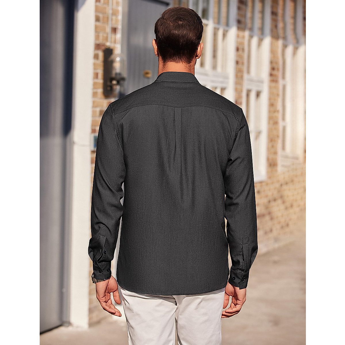 COOFANDY Men Untucked Shirt Regular Fit Button Up Long Sleeve Casual Dress Shirt Denim Black