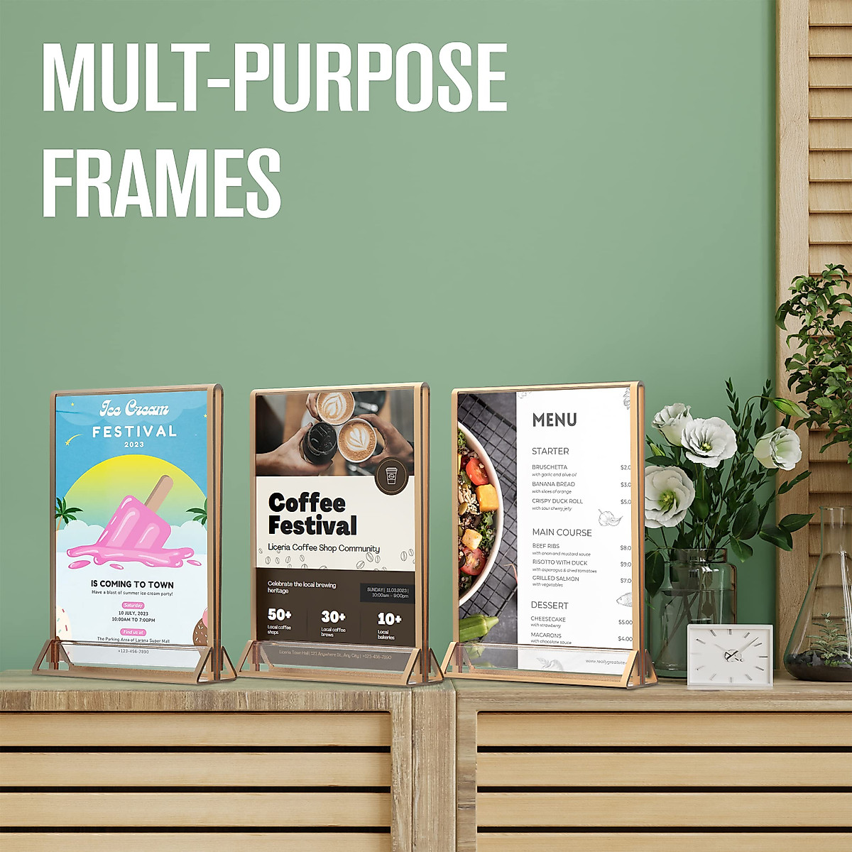 Acrylic Sign Holder 5x7, Wedding Table Numbers, Gold Picture Frame, Sign Holders, 5" x 7", 6 Pack, 2 Sided Frames, Lucite, Menu Holder Display, Vertical Photo Stand for Centerpieces, Card, Flyer, Art