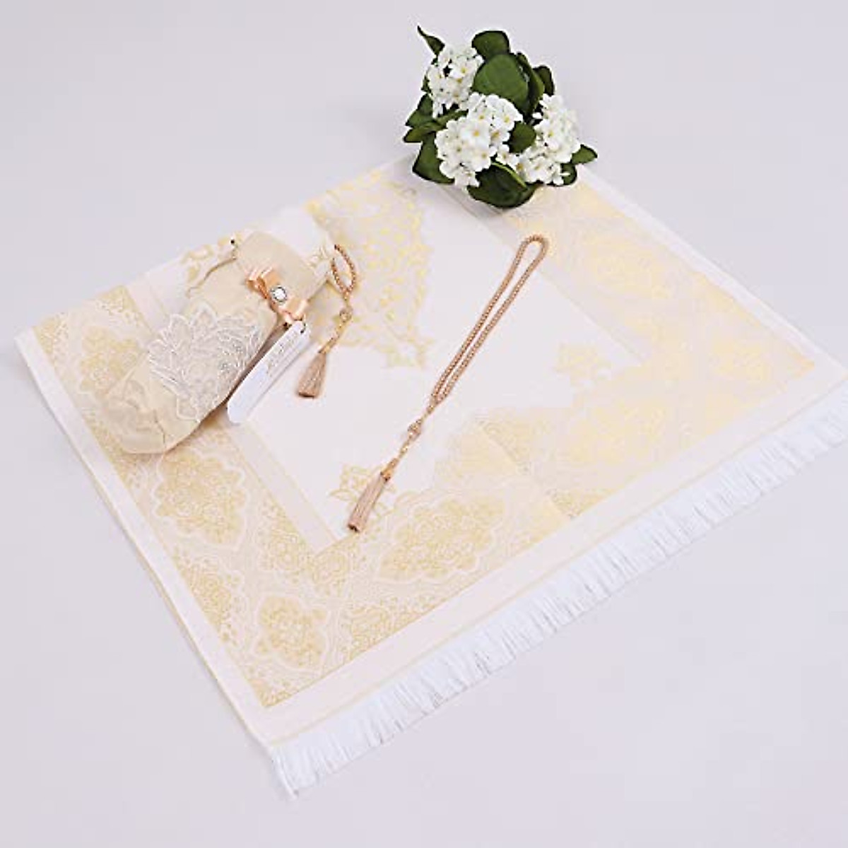 Islamic Elite Favors Personalized Muslim Lightweight Travel Prayer Rug Beads Set, Prayer Mat Tasbeeh Set, Ramadan Eid Hajj Umrah Wedding Birthday Graduation Mother's Day (Gold)