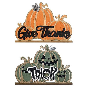 Fall Decorations for Home, DECSPAS 1 PC Double-sided Pumpkin Fall Decor Halloween Decorations Indoor, Orange Green Pumpkin Ornaments Give Thanks Trick Sign Thanksgiving Decorations for Mantel, Table