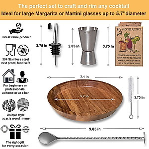 Margarita Salt Rimmer Set – 11 Pcs: 1 Large Acacia Wood Glass Rimmer Dish, 1 Double Jigger, 1 Mixing Spoon,2 Pourers, 4 Caps, 1 Brush. Cocktail Rimmer Set with 7.1" Wide Margarita Rimmer Tray