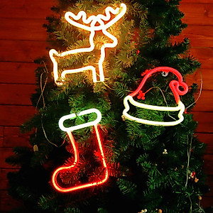 3 Pieces Christmas Neon Sign Night Light LED Elk Christmas Stocking Christmas Hat Neon Wall Decor Lights USB and Battery Powered Neon Christmas Light Sign for Bedroom Kids Xmas Gifts Home Wedding Bar