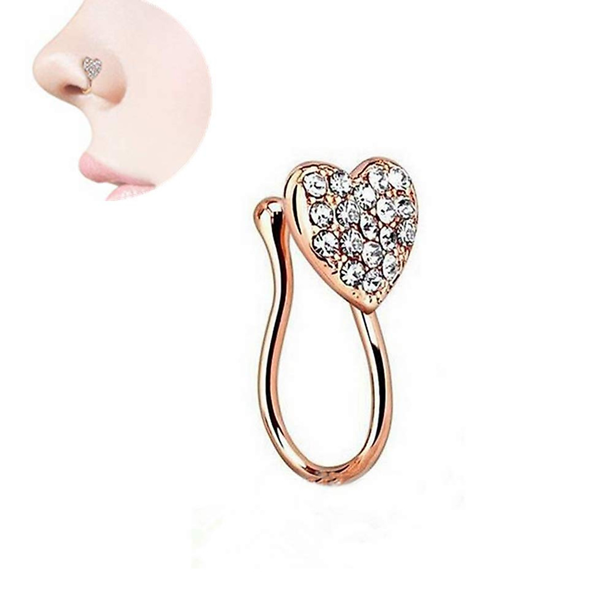Beetoo Heart with Gems Fake Clip On Nose Ring, Jewelry Piercing Clip On Earrings Faux Nose Ring Hoop