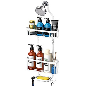 Kadolina Bathroom Hanging Shower Organizer, Over Head Shower Caddy Shower Storage Rack Basket with Hooks for Razor and Sponge Rustproof, White