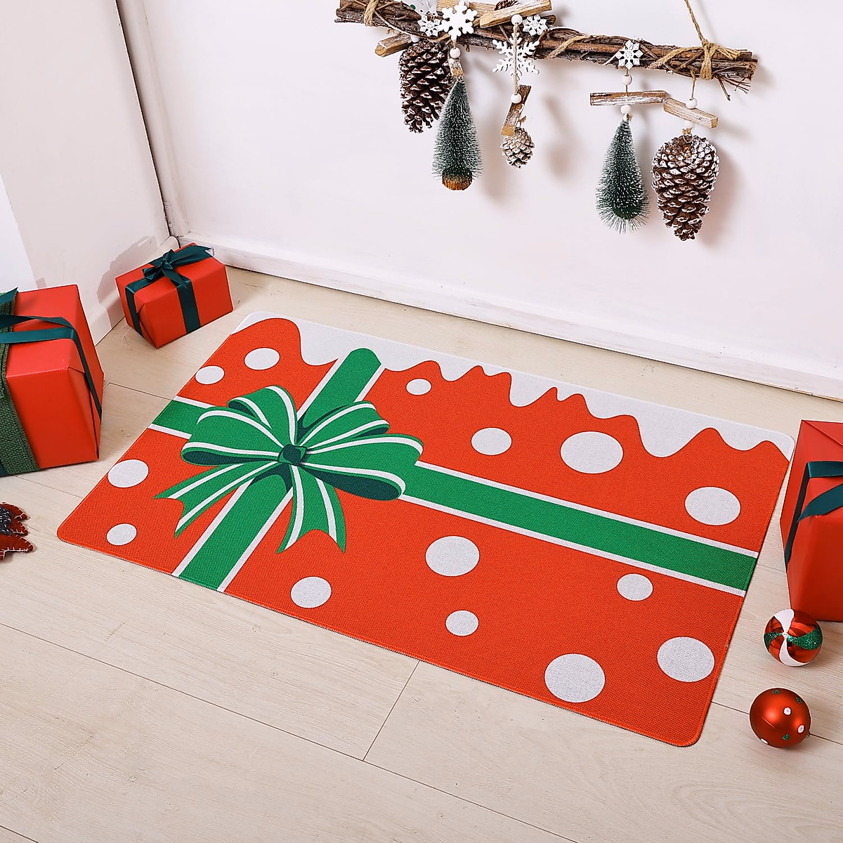 TRUEDAYS Christmas Red Bowknot Door Mat, Outdoor Indoor Welcome Rug Durable Bedroom Door Mats, Cute Cartoon Gift Box Snowflake Christmas Decorative Doormat with Non Slip Rubber Backing