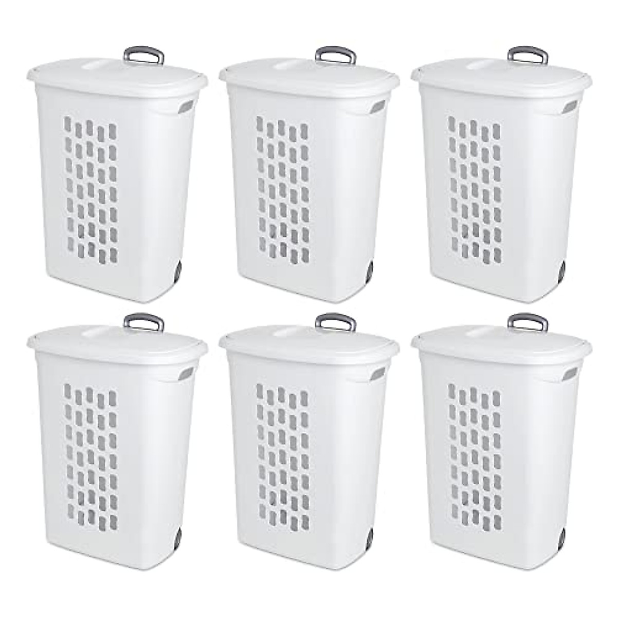 Sterilite Rectangular Plastic Slim Laundry Hamper Basket Bin with Wheels, Lift Top, and Pull Handle for Easy Transportation, White, 6 Pack