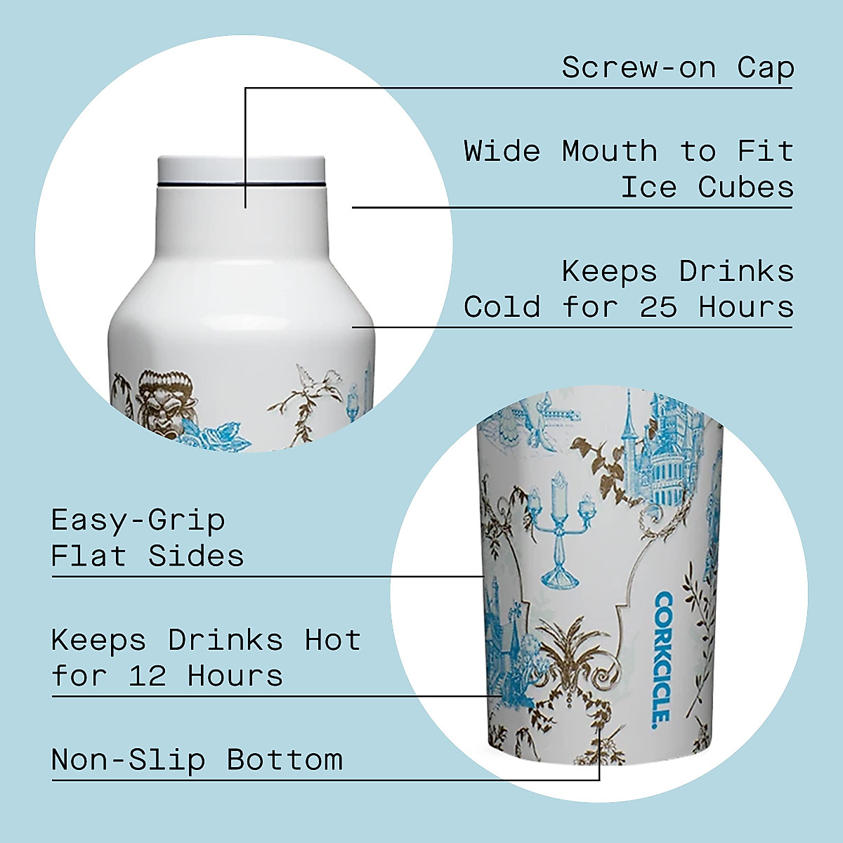 Corkcicle Disney Princess Belle Insulated Canteen Travel Water Bottle, Triple Insulated Stainless Steel, Keeps Beverages Cold for 25 Hours or Warm for 12 Hours, 20oz