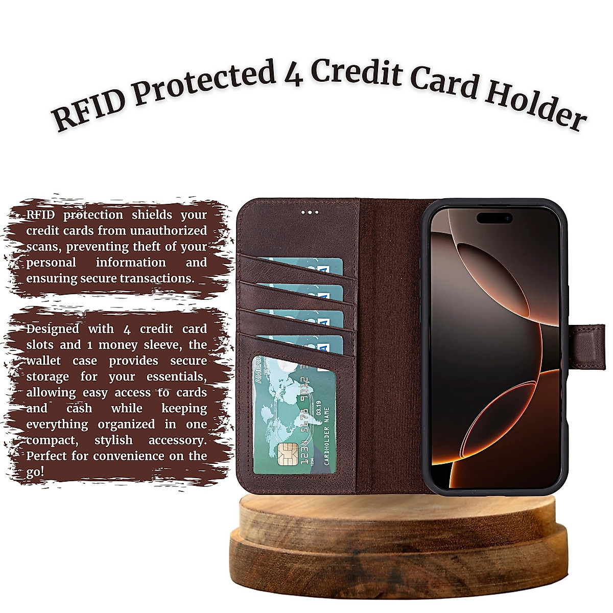 VENOULT Detachable Leather Wallet Case for iPhone 15 Pro, Man or Women Folio Cover, Compatible with Magsafe, RFID, Genuine Leather Card Holder Flip Case, Kick Stand (Chocolate Brown)