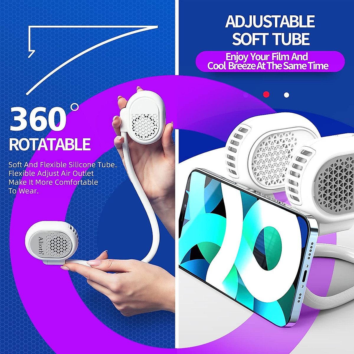 Alioth Portable Neck Fan - Hands Free, Bladeless, 360° Rotatable Battery Operated Wearable Personal Fan, 3 Speeds Cooling, Rechargeable, Leafless, Headphone Design, Mini USB Powered Desk Fan