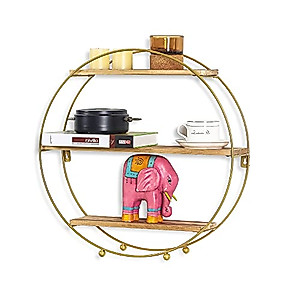 Joveco Round Floating Shelves Wall Mounted Shelf Sturdy Wood Golden Metal Decorative Shelf for Living Room Bedroom Bathroom Kitchen Office Living Room Laundry Room (Gold)