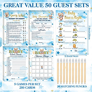 Patelai 321 Pcs Baby Shower Games Supplies, 5 Sets (50 Cards Each) Activities Cards with 20 Pencils 1 Don't Say Baby Sign 50 Clothespin(Blue Bear)
