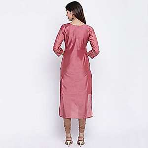 Ziya Designer Straight A-Line Embroidered Chanderi Cotton Kurti for Women (Dark Peach648, 40)