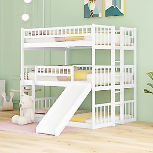 Triple Bunk Bed with Slide, Full Over Full Over Full Bunk Bed Convertible Triple Beds for Kids/Teens/Adults, White