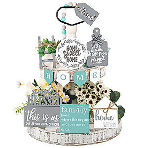 FairySandy 11 Pcs Farmhouse Tiered Tray Decor Home Wood Sign Rustic Simply Blessed Wooden Beads Tiered Tray Decorations Set for Home Kitchen Table