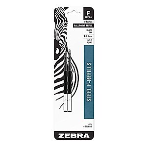 Zebra Pen F-Series Ballpoint Stainless Steel Pen Refill, Bold Point, 1.6mm, Black Ink, 2-Count
