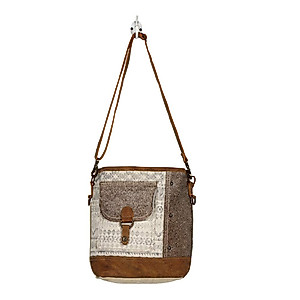 Myra Bag Tribal Stripe Front Pocket Upcycled Canvas & Cowhide Leather Shoulder Bag S-1232, Brown, One Size
