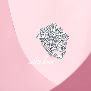 FLYOW 925 Sterling Silver Good Luck Irish Jewelry Celtic Quaternary Wiccan Witches Knot Ring for Women, Size 9