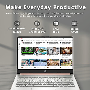 HP Stream 14" HD BrightView Laptop, Intel Celeron N4120 Processor, 16GB RAM, 64GB SSD, Intel HD Graphics, 720p Webcam, Rose Gold, Win 11, 32GB Hotface USB Card, 1 year Office 365