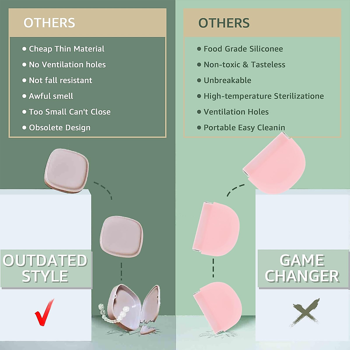 Protoiya Denture Retainer Case, Food Grade Silicone Denture Holder Box with Vent Holes, Mini Portable False Teeth Container, Multipurpose False Teeth Storage Box for Home Travel Office (pink)