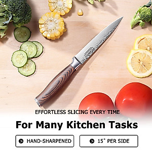PICKWILL 5 Inch Kitchen Utility Knife with Sheath, Multi-purpose Small Chef Knife with Ergonomic Pakkawood Handle, 5Cr15MoV stainless steel Knives for Cutting Meat, Fruit & Vegetable
