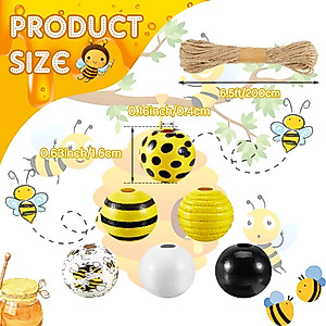 100 Pieces Wood Beads Colorful Painted Spring Loose Beads Decorative Beads Wooden Craft Beads Polished Bee Wood Beads Round Rustic Farmhouse Spacer Beads with Rope for DIY Garland Making Party Decor