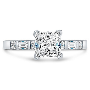 Size 8.5 - Solid 14k White Gold CZ Cubic Zirconia Bridal Engagement Ring w/Matching Wedding Band Two Ring Set - Princess Cut Solitaire with Baguette Side Stones (1.75cttw., 1.0ct. Center)