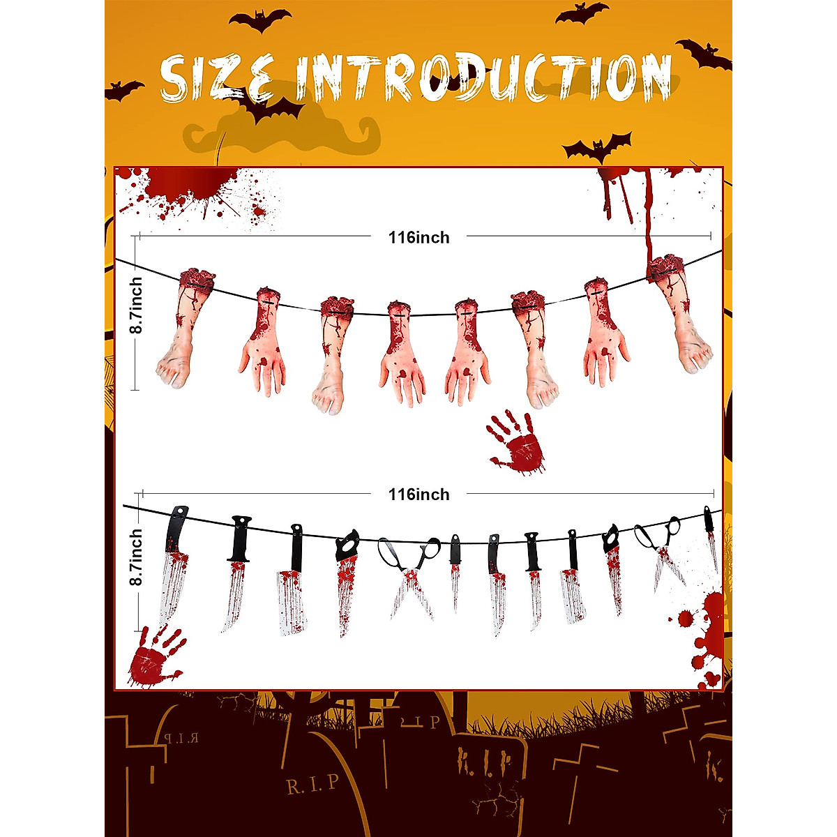 Outus 6 Sets Halloween Garland Banner, Include 48 Garland and 16 Fake Scary Broken Hands and Feet Hanging Decor, Halloween Party Decoration Scary Banner Supplies