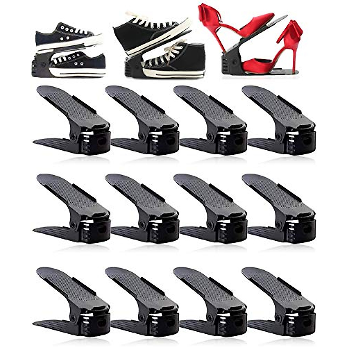 RISETEX 12 Pack Shoe Slots Organizer, Adjustable Double Layer Shoe Stack Sandals Rack, 50% Space-Saving Storage Shoe Stacker Holder for Closet Organization