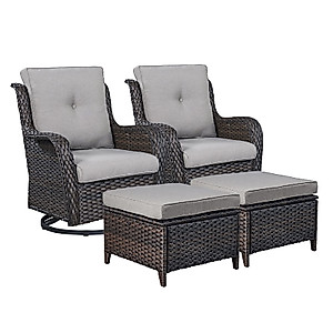 Rilyson Wicker Patio Furniture Set - 4 Piece Rattan Outdoor Patio Conversation Sets with 2 Swivel Rocking Chairs,2 Ottomans for Porch Deck Garden(Brown/Grey)