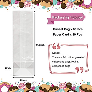 Morepack Gusseted Flat Bottom Cellophane Bags with Paper Insert, 50Pcs 4.3x2x11.8 Inches Cellophane Bags Gusseted