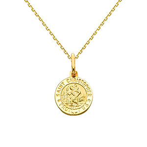 The World Jewelry Center 14k REAL Yellow Gold Religious Saint Christopher Medal Pendant with 0.9mm Cable Chain Necklace - 16"