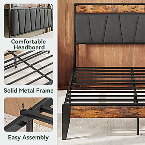 ClouDDwell Queen Size Bed Frame and Headboard with Charging Station, Queen Bed Frame with Storage, Heavy Duty Steel Support, No Box Spring Needed, Squeak Resistant, Rustic Brown and Grey