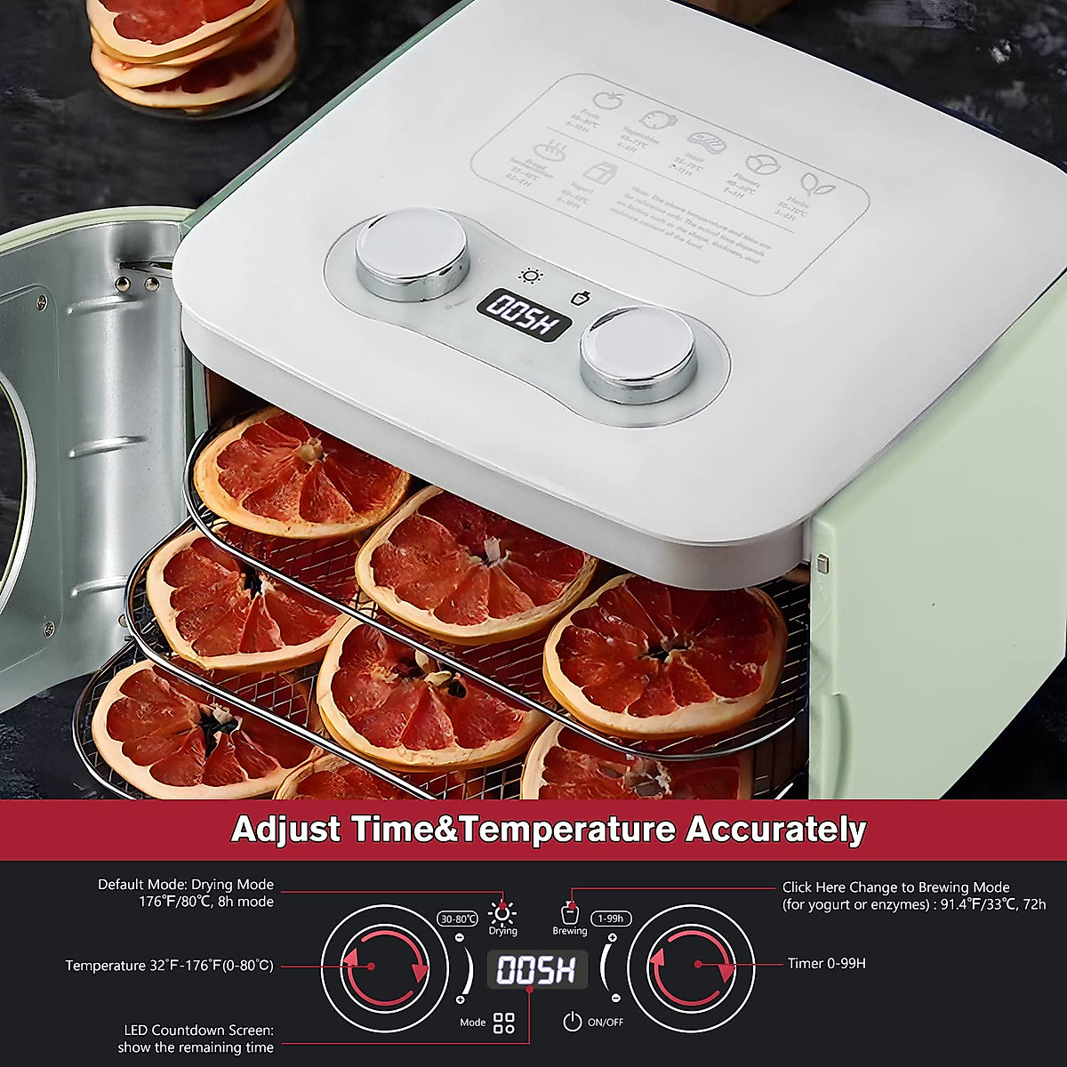 LANUEVA Food Dehydrator Machine with Recipe, 5 Stainless Steel Trays Dehydrators for Jerky, Pet Treats, Yogurt, Fruit, Vegetable, Herb, Digital Food Dryer Adjustable Time Temp(0-80℃) Control, 110V
