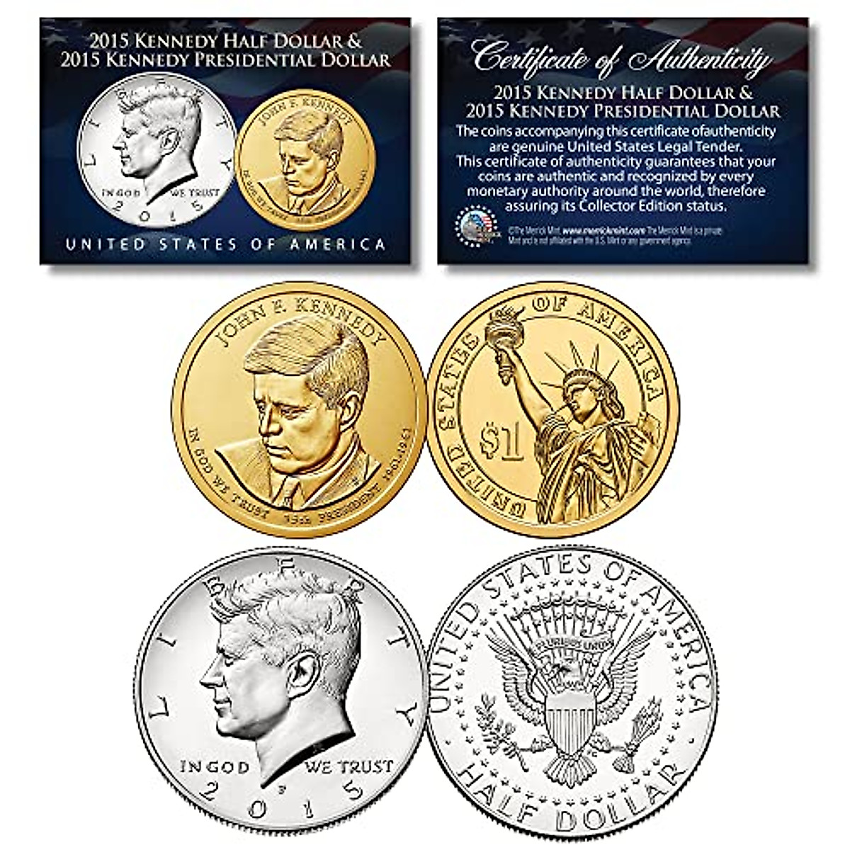 John F Kennedy 2-Coin Set 2015 JFK Presidential $1 Coin & 2015 JFK Half Dollar - Philadelphia Mint