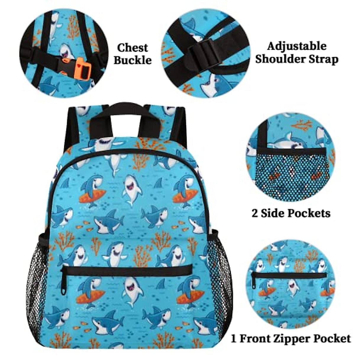 cfpolar Shark Kids Backpack for Boys, Ocean Sea Coral 12 Inches Blue Toddler Backpacks, Preschool Children Backpack Nursery Kindergarten Bookbag with Chest Strap