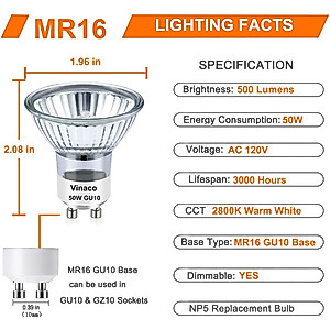 Vinaco GU10 Bulb, 6 Pack MR16 GU10 120V 50W Long Lasting, GU10 Halogen Bulb Warm White 2800K, 50W GU10 Dimmable with GU10 Base for Track Light Bulbs, Hood Light Bulbs. Halogen GU10+C 120V 50W
