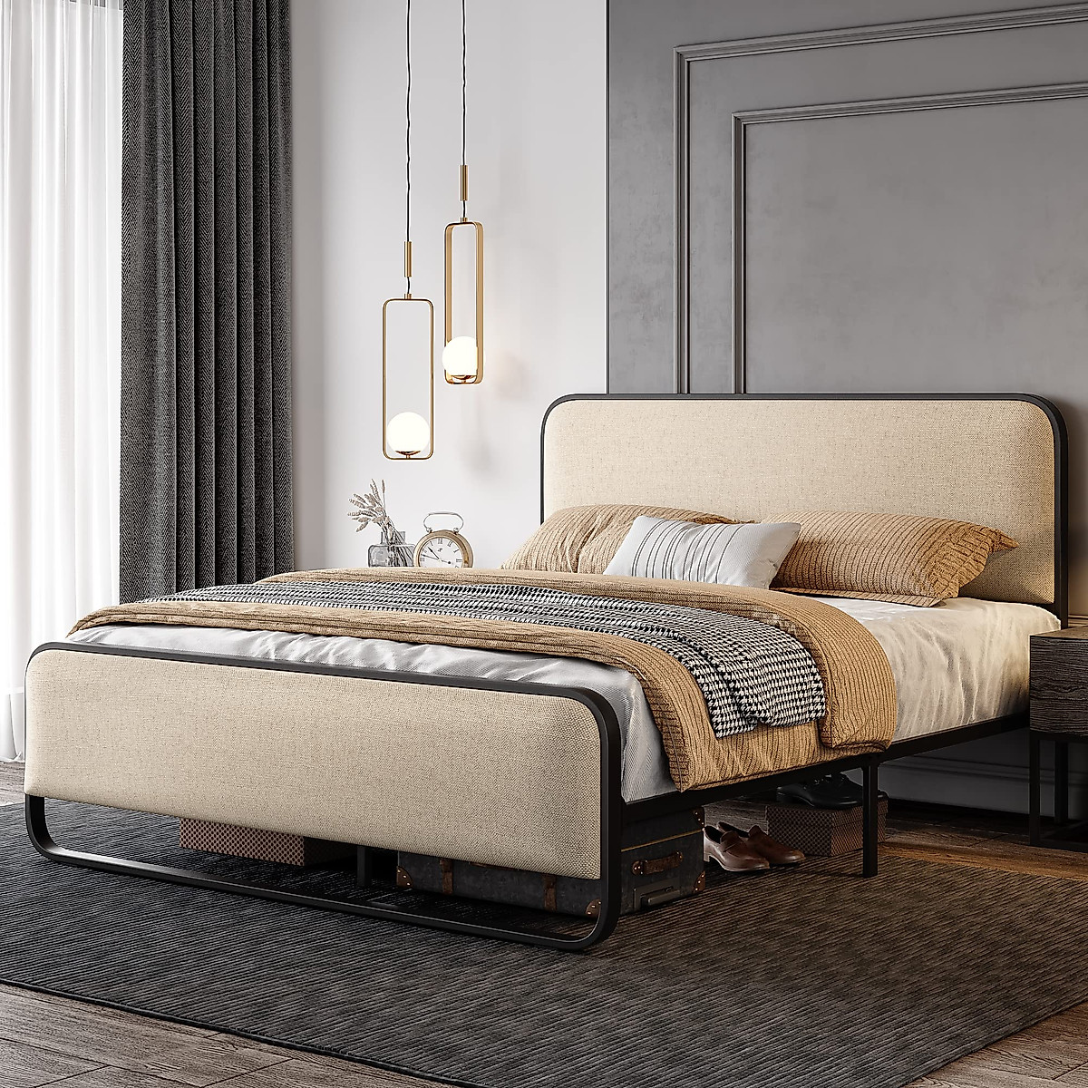 SHA CERLIN Queen Size Platform Metal Bed Frame with Curved Upholstered Headboard and Footboard, Large Under Bed Storage, No Box Spring Needed, Modern, Beige
