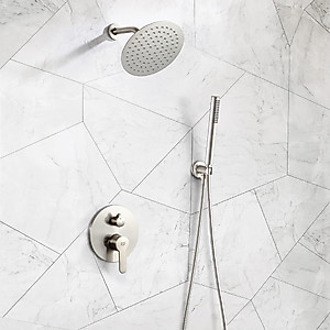 POP SANITARYWARE Shower System Brushed Nickel Bathroom Rainfall Shower Faucet Set Complete Wall Mounted 8 Inch Shower Head and Handle Set with Rough-in Valve Body and Trim Kit