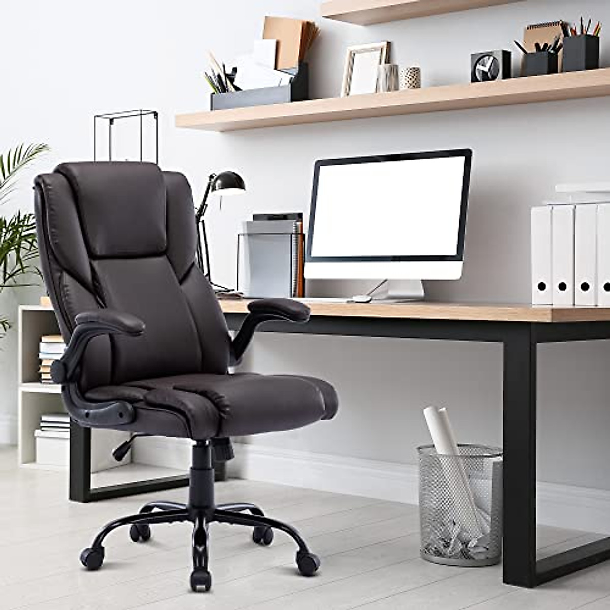 Executive Office Chair, Leather Office Chair, Adjustable Ergonomic High Back Office Chair with Flip-up Armrests, Executive Desk Chair Swivel Rolling Computer Chair with Lumbar Support (Brown)