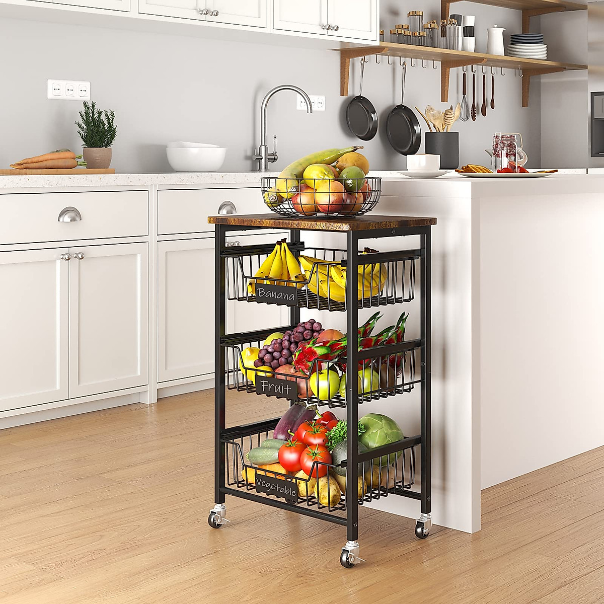 CHLORYARD 4-Tier Vegetable Fruit Basket Kitchen Storage Rolling Cart on Wheels with Pull-Out Baskets and Wood Top for Kitchen Diningroom Pantry