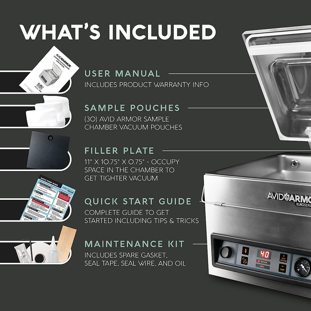 Avid Armor Chamber Vacuum Sealer Model ES41 Euro Series, Powered by Busch Oil Pump, 11" Seal Bar, Perfect for Liquid-Rich Foods, Cooking Sous Vide, Infusions/Pickling, Heavy-Duty Professional Unit