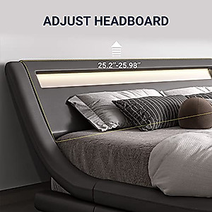 Allewie Full Size LED Platform Bed Frame with Adjustable Headboard/No Box Spring Need/Easy Assembly/Faux Leather in Grey